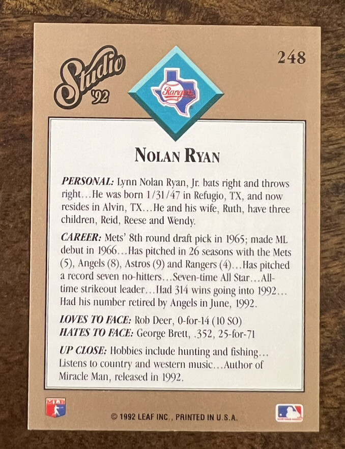 NOLAN RYAN 1992 LEAF STUDIO BASEBALL Card TEXAS RANGERS #248 (Y) | eBay