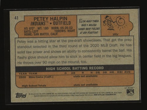PETEY HALPIN 2021 Topps Heritage Minor League Base Card AZL Indians ...