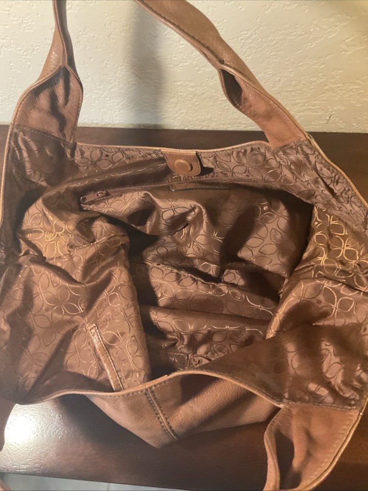 Fossil Cognac Brown Leather Hobo Tote Shoulder Bag Handbag Purse Double ...