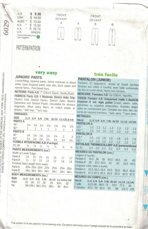 6029 UNCUT Butterick Pattern Juniors Loose Fitting Tapered Pants Teen ...