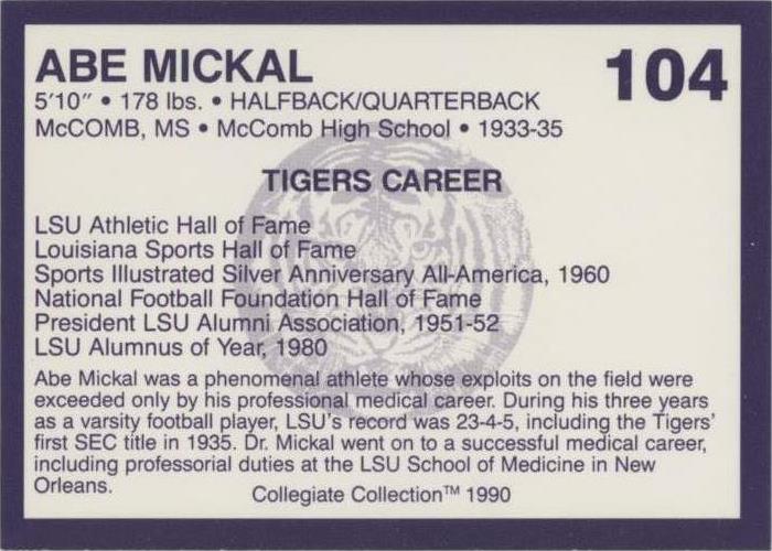1990 Collegiate Collection LSU Tigers Abe Mickal #104 for sale | eBay