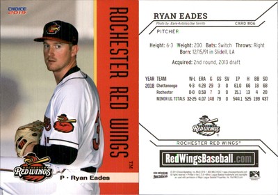 Ryan Eades 2019 Choice Rochester Red Wings #6 RC Card Rochester Red ...