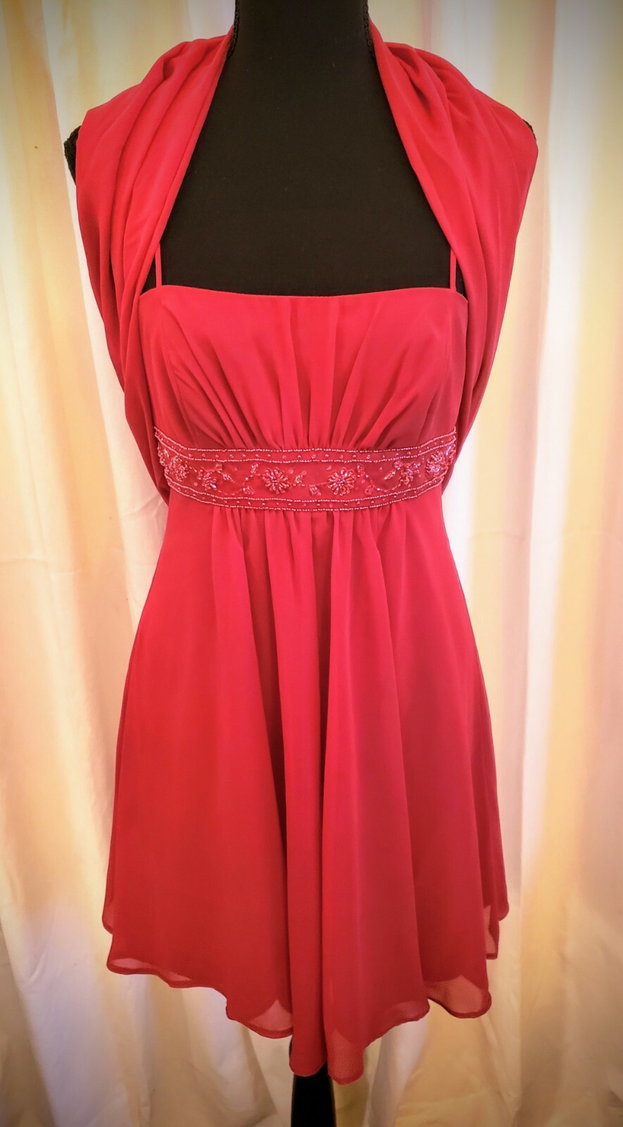 ♡David's Bridal♡ Apple Red Fit & Flare Mini Dress w/ Scarf Woman's Size ...