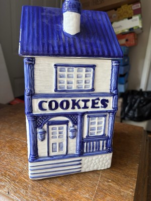 CKAO Ceramic House Cookie Jar Blue White, 11" | eBay