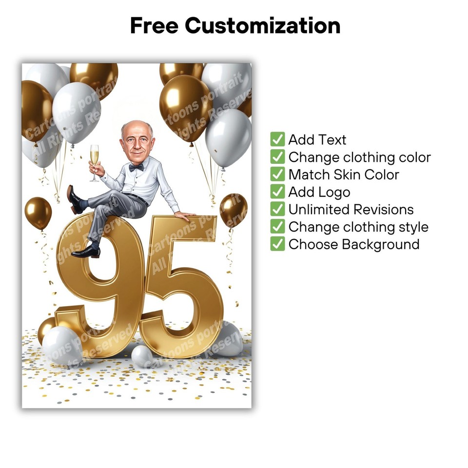 95th Birthday Caricature from Photo Custom Cartoon Poster or Greeting ...