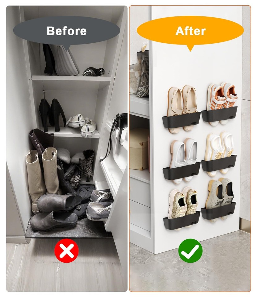 6-Pack Wall Mounted Shoe Rack with Sticky Strips, Space Saving Hanging ...