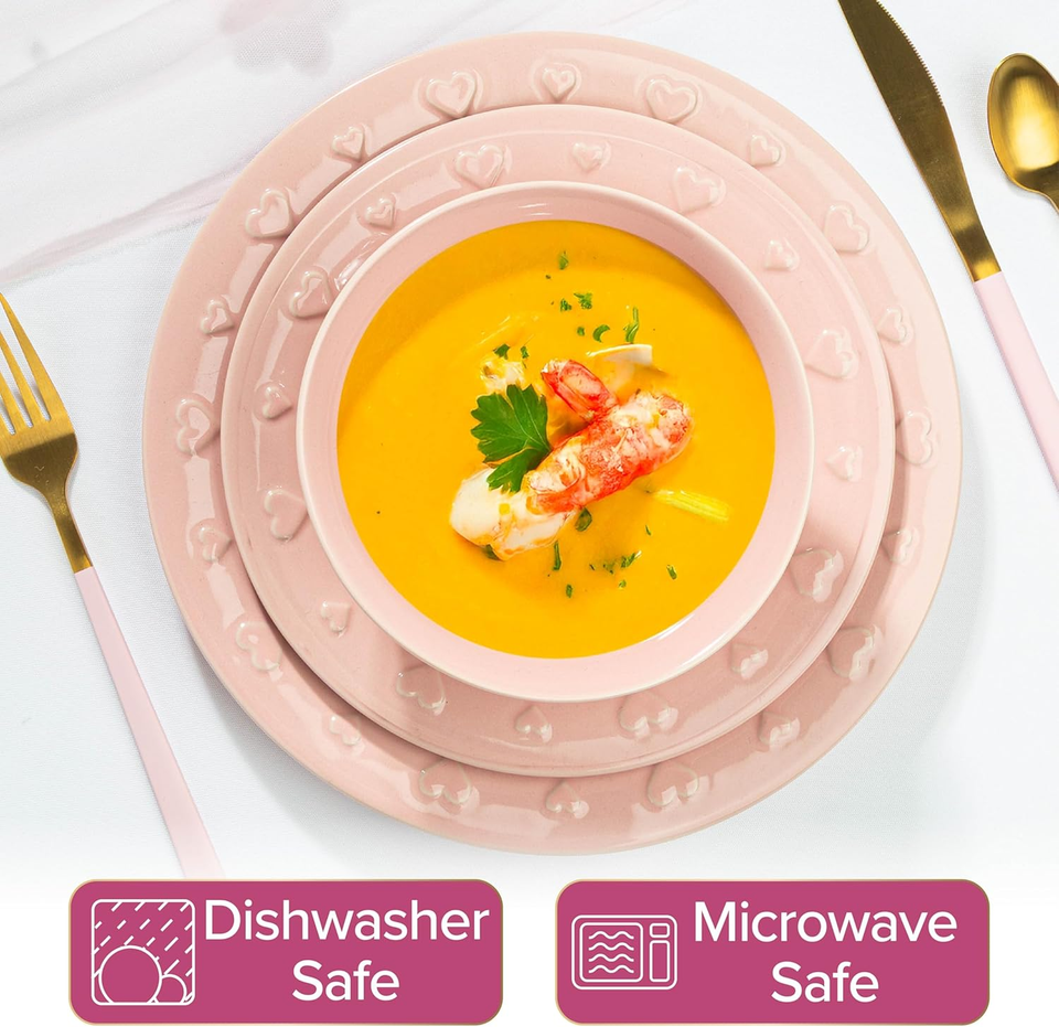 Charming 12-Piece Pink Dinnerware Set with Embossed Hearts for 4 ...