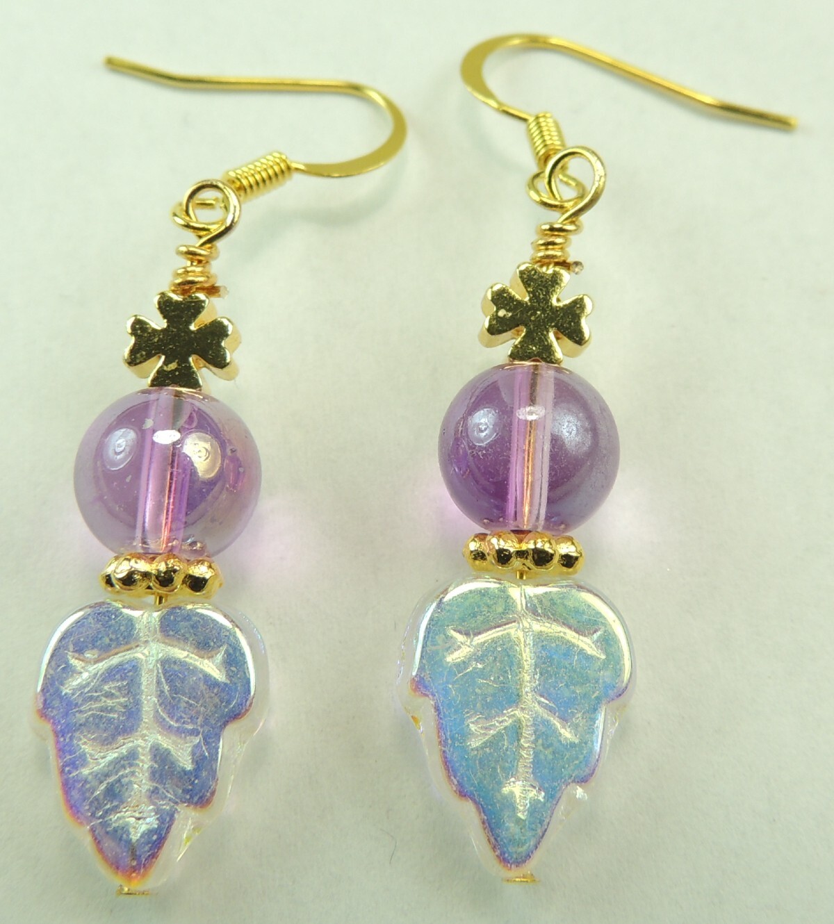 Earrings with Icy White Leaves Lilac Sphere Beads Handmade Dainty ...