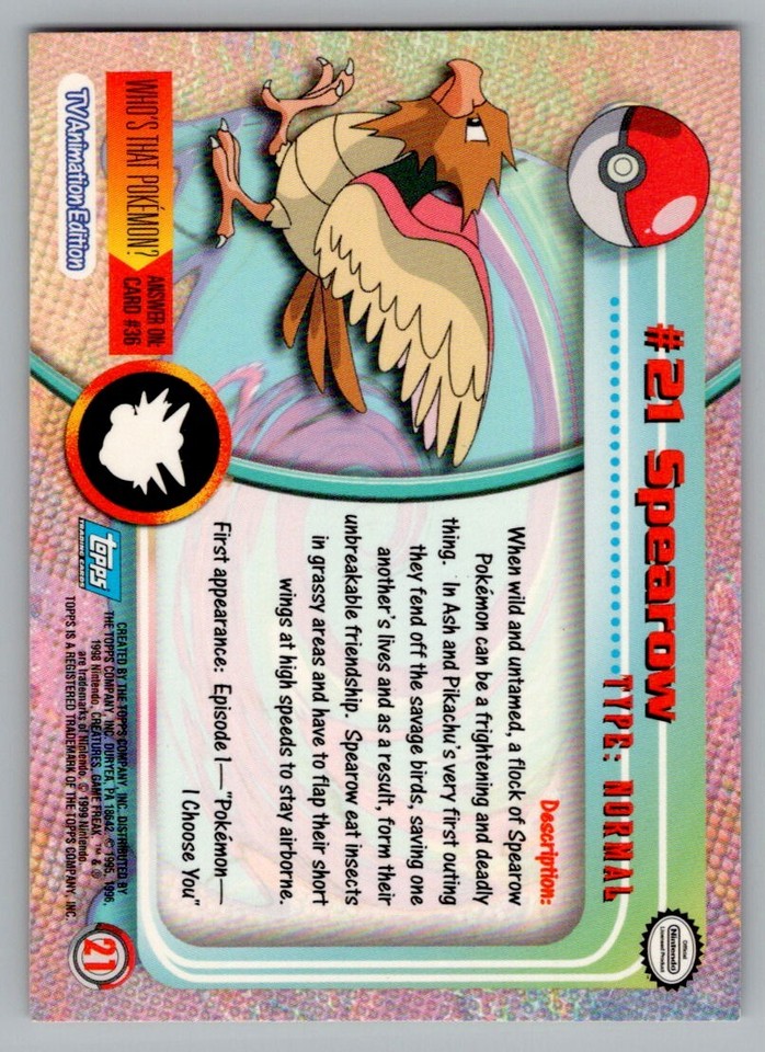 1999 TOPPS TV POKEMON CARDS 1ST PRINTING- BLUE TOPPS LOGO SPEAROW #21 ...