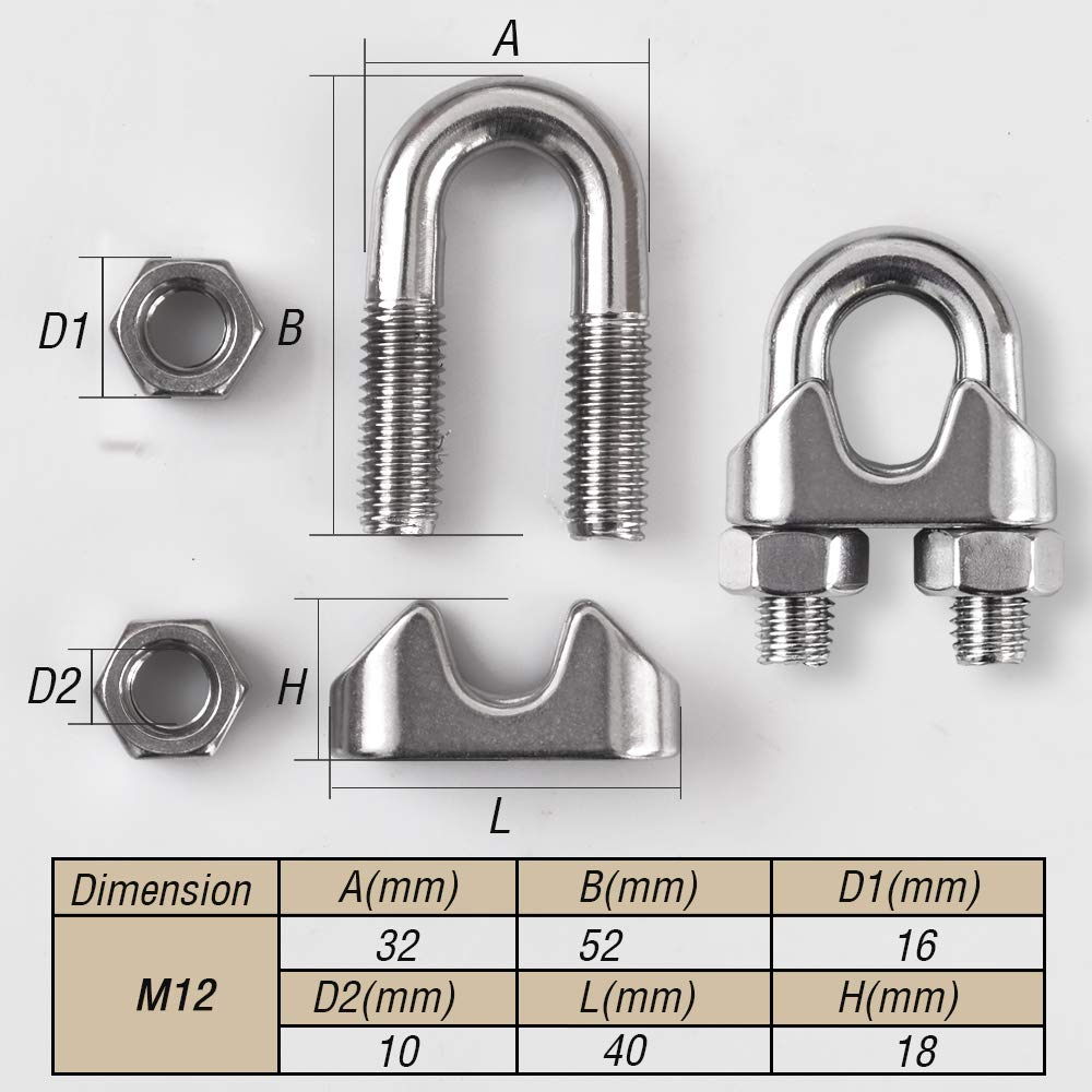 1/2" M12 Wire Rope Cable Clip Clamp Stainless Steel U Bolt Saddle ...