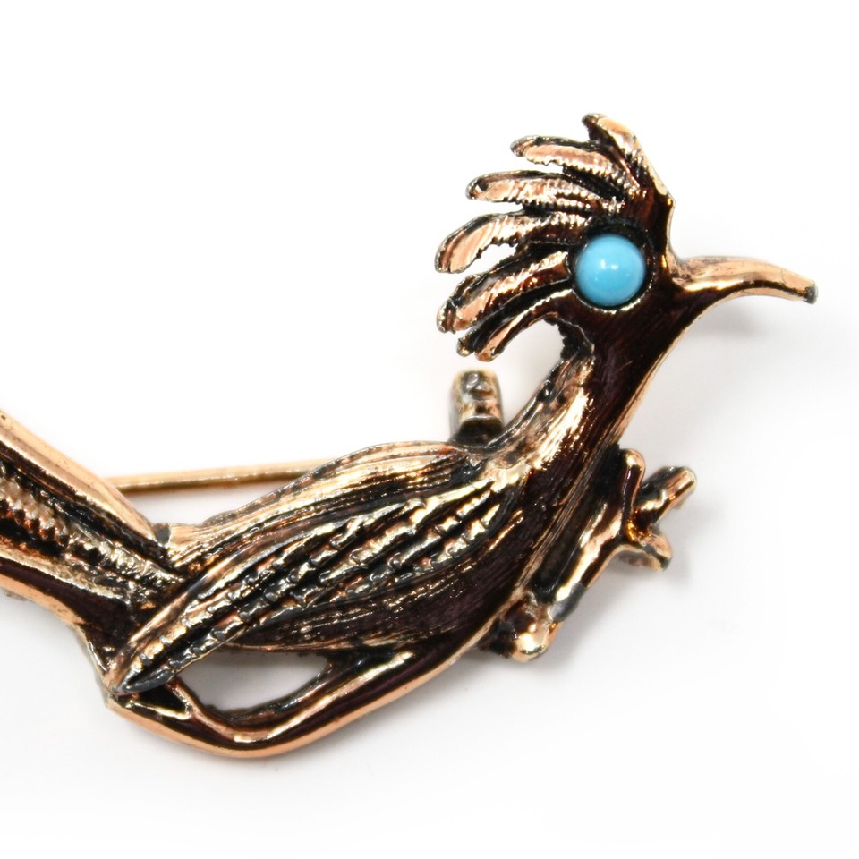 Vintage 2" Road Runner Pin Brooch Textured Gold Metal w Blue Bead Eye ...