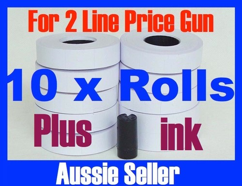 NEW WHITE PRICE GUN TAGS LABELS x 10 ROLLS FOR 2 LINE PRICE GUN + INK ...
