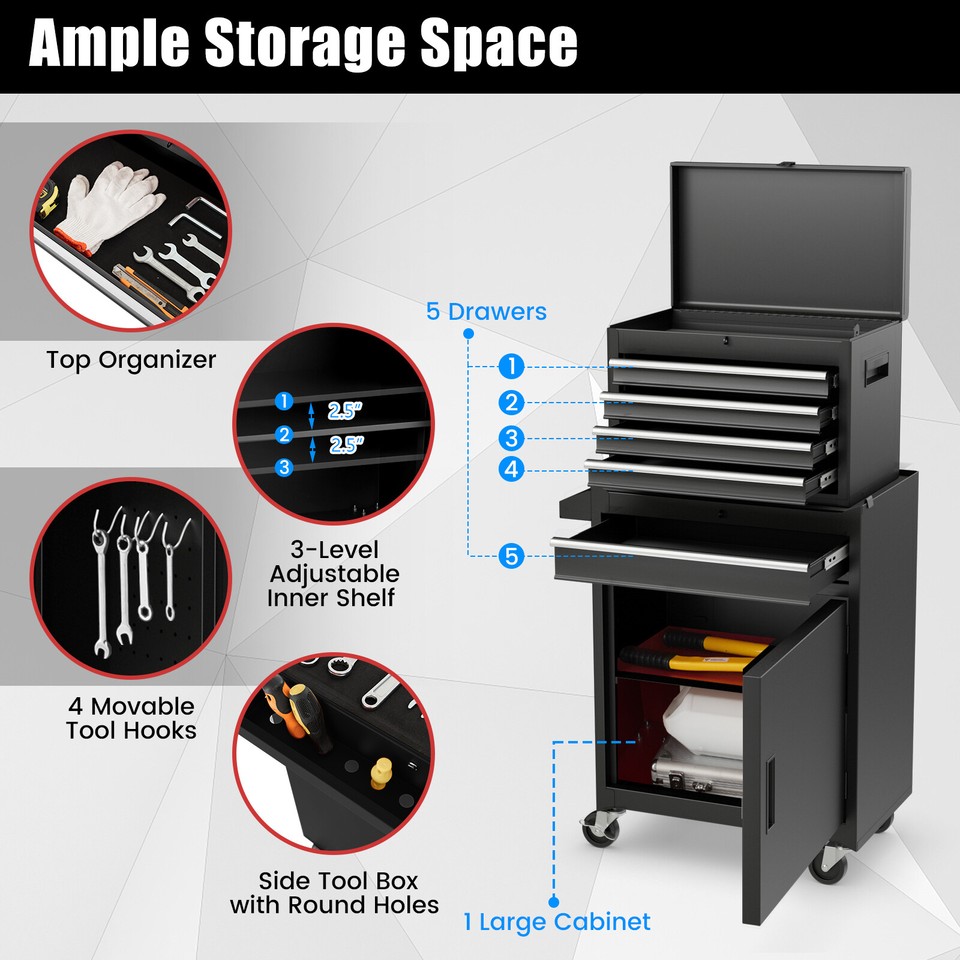 5-Drawer Rolling Tool Chest Mechanic Storage Cabinet Cart for Garage ...