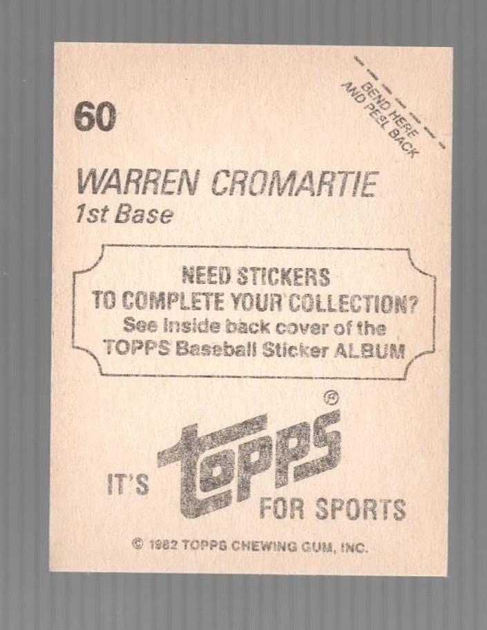 1982 Topps Stickers Warren Cromartie Montreal Expos #60 Near Mint or ...
