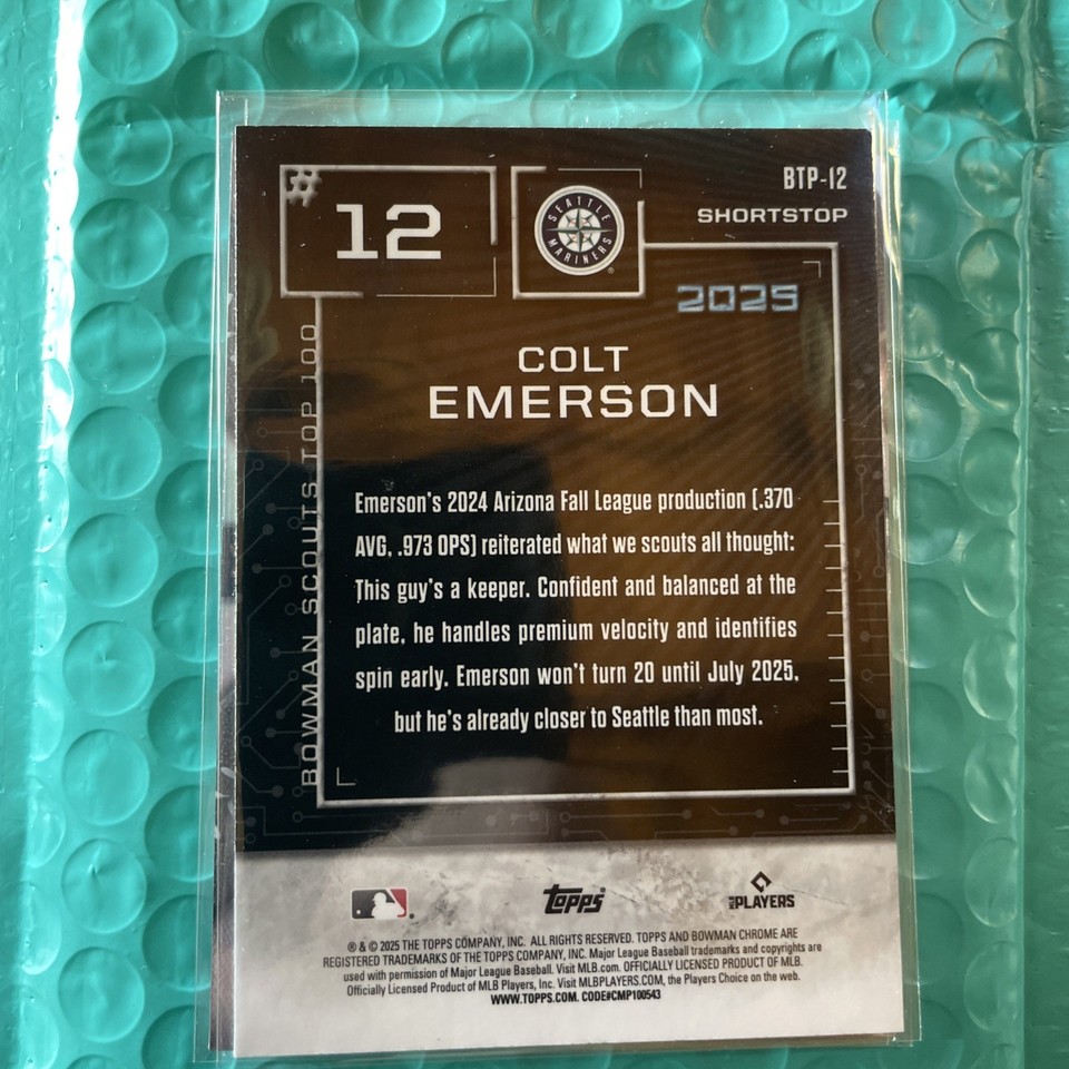 Colt Emerson 2025 Bowman Chrome Top 100 Refractor Seattle Mariners #BTP ...