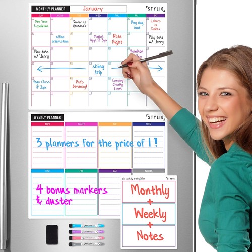 STYLIO Magnetic Fridge Family Planner: 3 Monthly, Weekly, Daily ...
