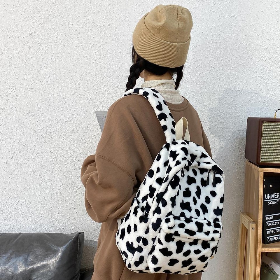 Vintage Women Cow Pattern School Bags Plush Backpack Large Capacity ...