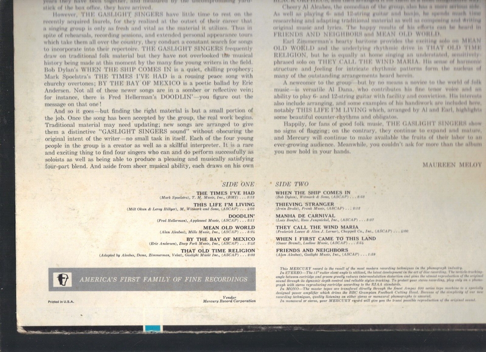 GASLIGHT SINGERS - Turning It On - MERCURY 60s folk MONO LP - MARTHA ...