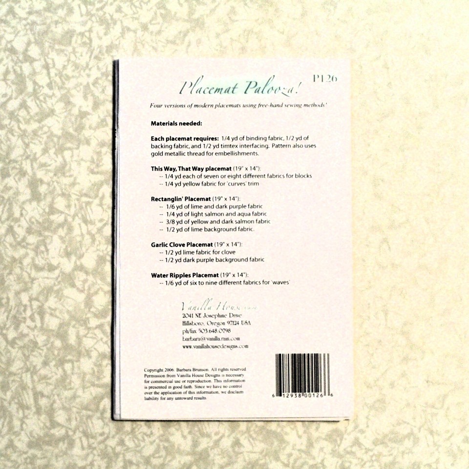 Sewing Pattern "Placemat Palooza" by Vanilla House Designs No. P126 | eBay