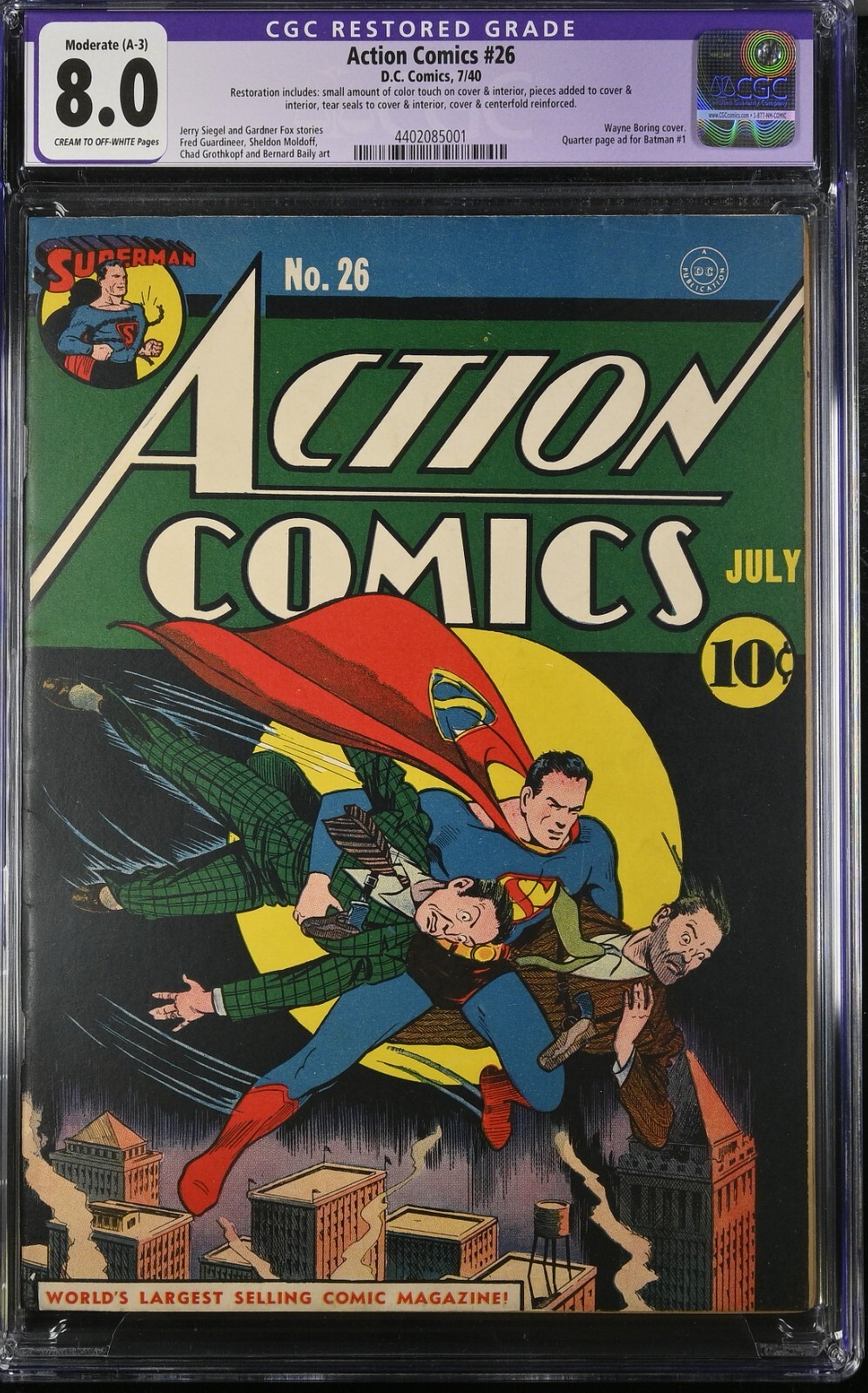 Action Comics #26 CGC 8.0 (1939) A-3 Restoration Wayne Boring Cover DC ...