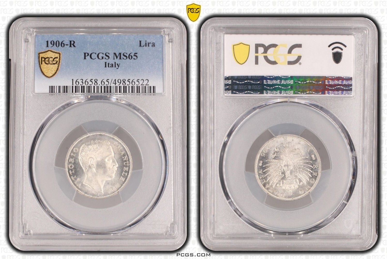 ITALY SILVER 1 LIRA UNC COIN 1906 YEAR KM#32 VICTOR EMMANUEL PCGS MS65 ...