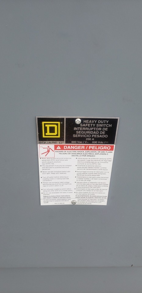 Square D H364N 200A Fusible 600V Heavy Duty Safety Switch - Grey ...