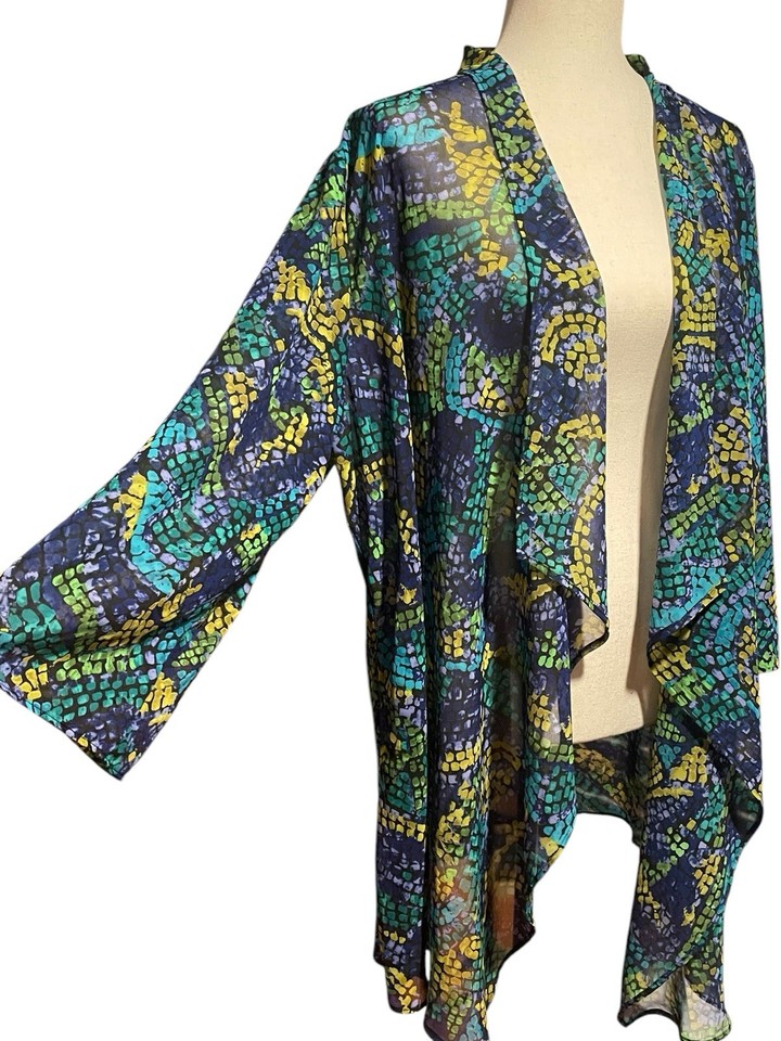 XL SLINKY BRAND Cardigan Blouse Womens 1X Sheer Top Floral Blue Black ...