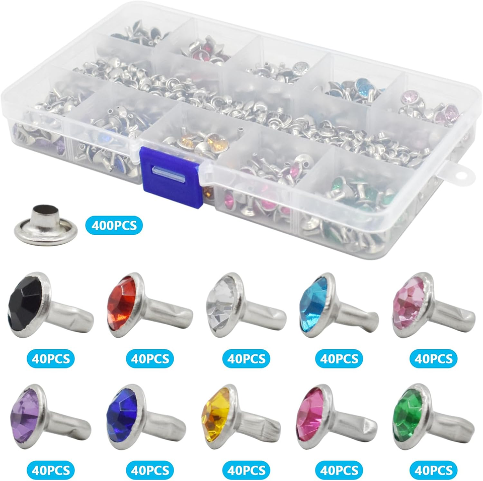 400Sets 7Mm Rhinestone Rivets 10 Colors Cz Crystal Rivets Studs Rapid ...