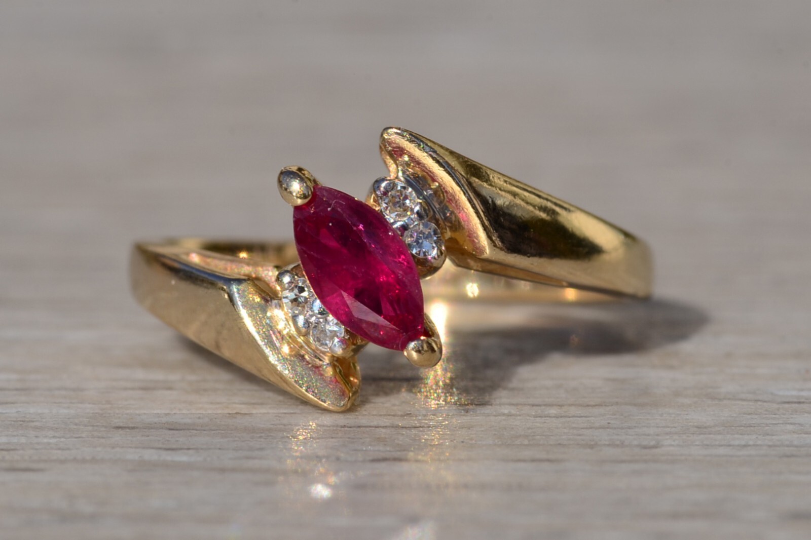 Ladies 14K Gold Bypass Ring set with Marquise Ruby and Diamonds | eBay