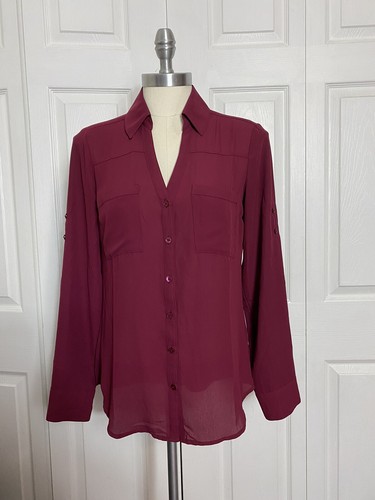 Express Size Small Maroon Button Down Shirt Blouse Roll Tab Sleeves ...