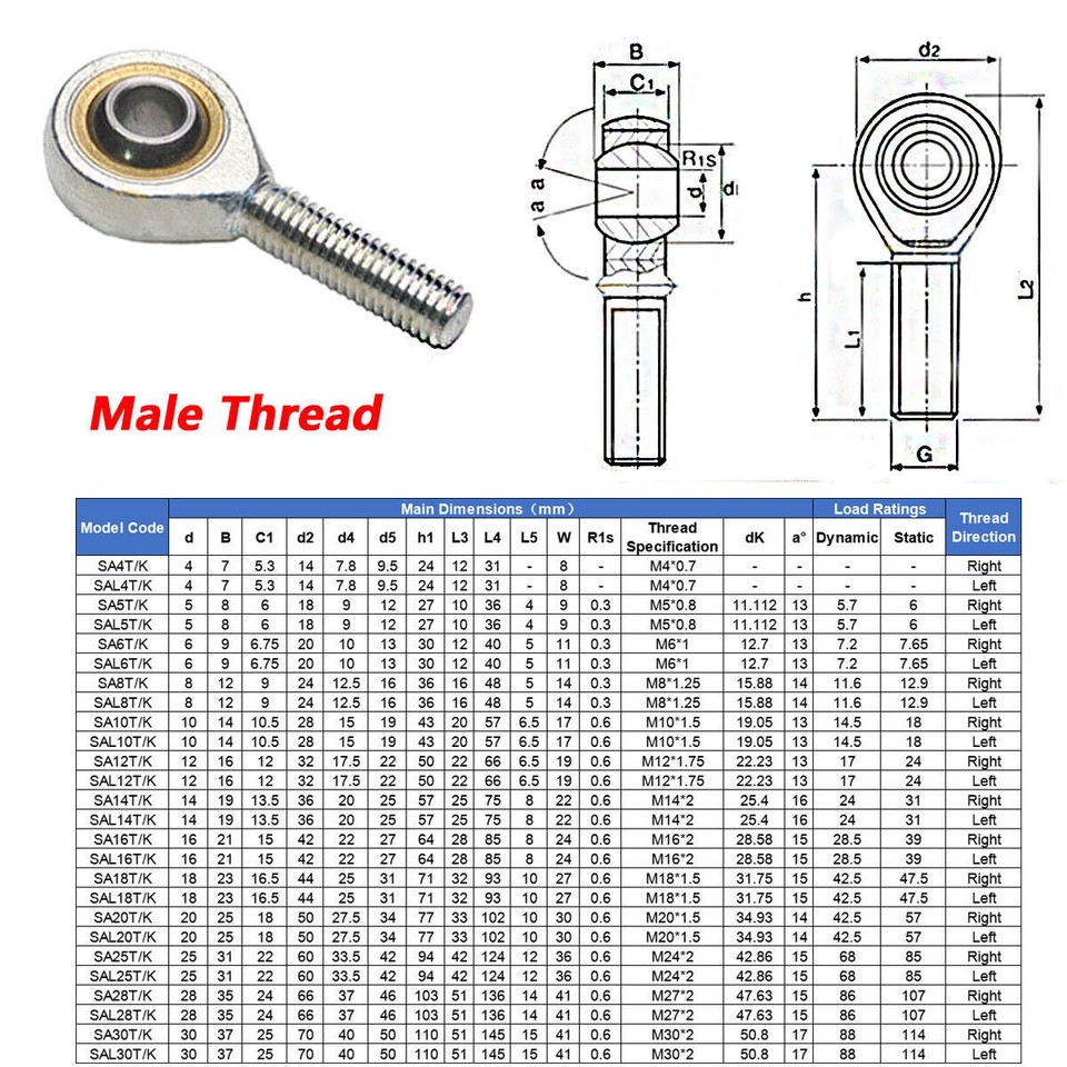 M4 to M30 Rod End joint Bearings Male/Female Right/Left Hand Thread SAT ...