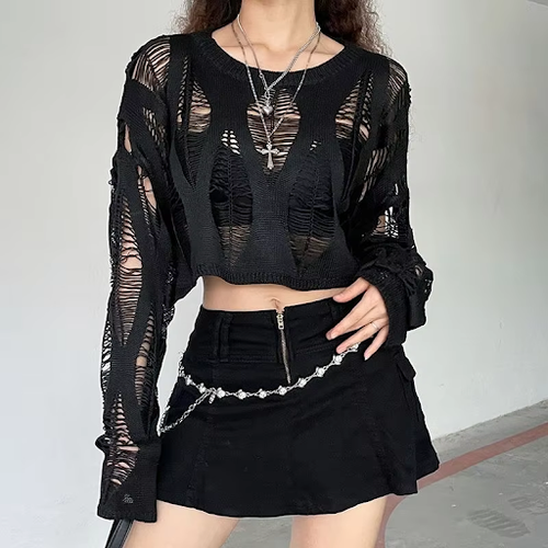 Hollow Lace Mesh Sheer ART Long Sleeve Crop Tops 2000s Y2k Clothes ...