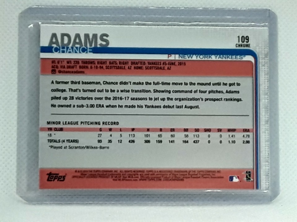 Chance Adams 2019 Topps Chrome Baseball - RC #109 - New York Yankees | eBay