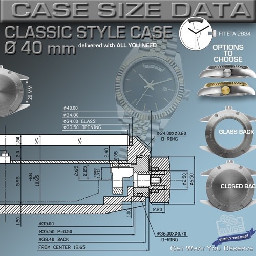 WATCH CASE CLASSIC, Ø 40MM, ST.STEEL, fit DAY/DATE MOVEMENTS: ETA-2834 ...