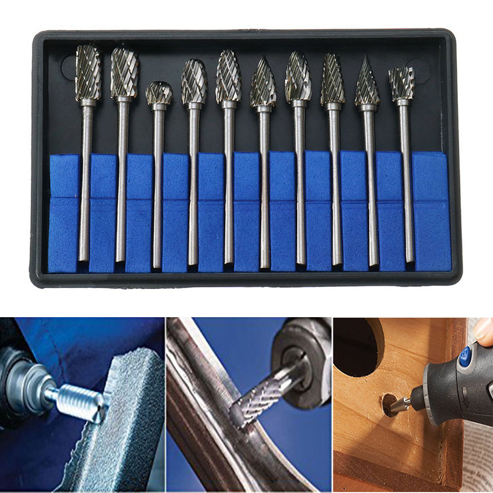 10Pcs Tungsten Carbide Metal Rotary Drill Bits Cutter Files Set 6mm 1/8 ...