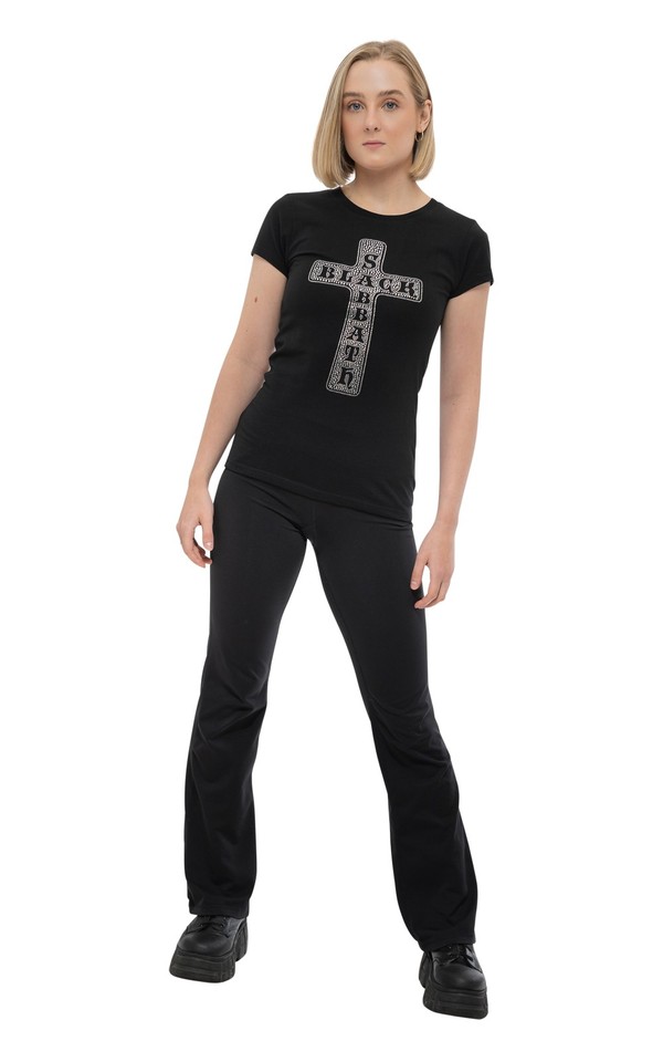 Black Sabbath T Shirt diamante Cross band logo Official Womens Skinny ...