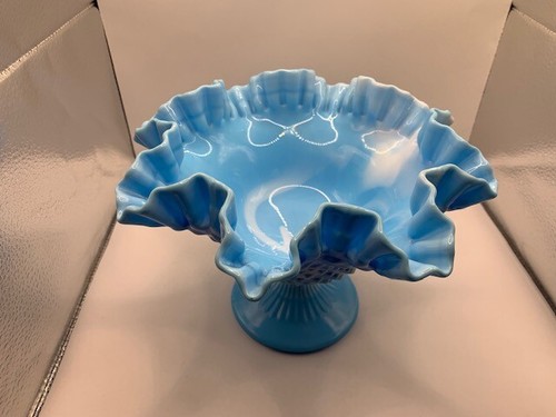 Vintage Large Fenton Blue White Slag Glass Hobnail Ruffle Rim Candy ...