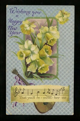 Music postcard New Years Greetings flowers music notes silver trim ...