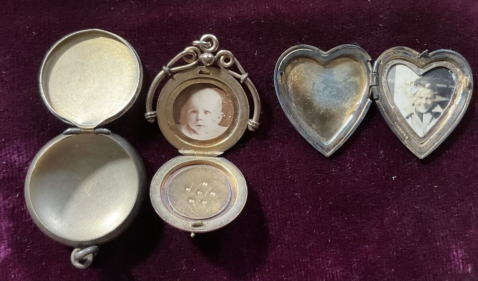 Lot of 3 Antique Heart Lockets Etched Lockets Sterling Silver Gold ...