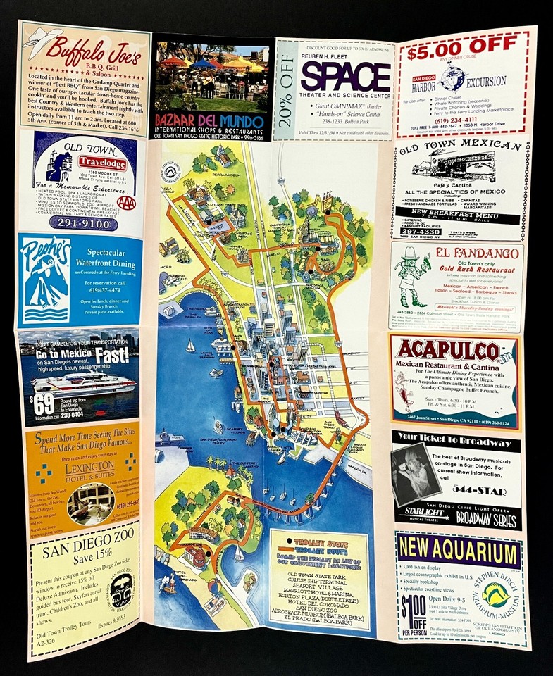 1990s San Diego Old Town Trolley Vintage Travel Tourist Ads Map ...
