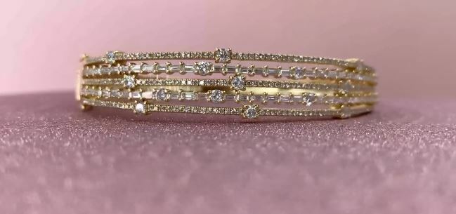 Baguette Round Diamond Bangle Bracelet 14K Yellow Gold Multi Tier Open ...