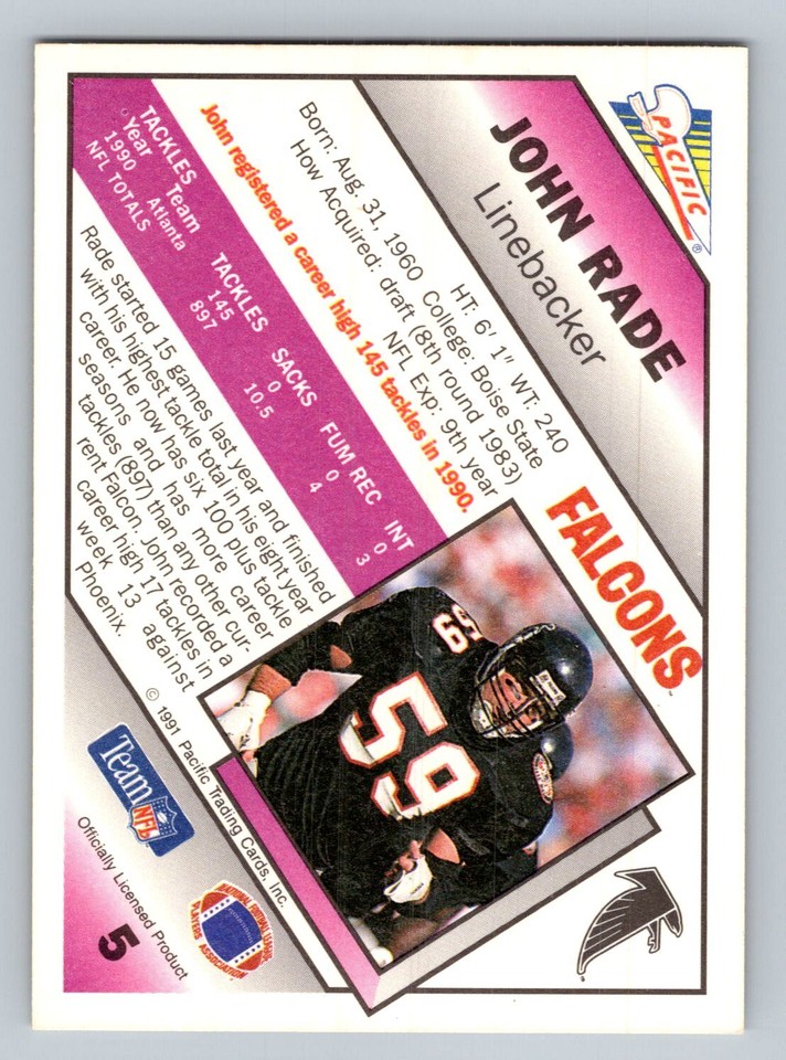 John Rade 1991 Pacific #5 Atlanta Falcons | eBay