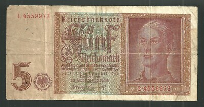 Germany 5 Funf Reichsmark 1942 Pick #186A World Banknote Currency Paper ...