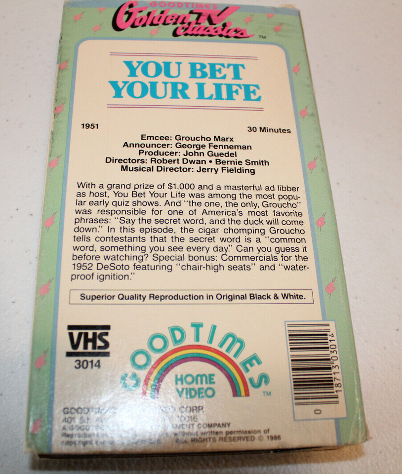 You Bet Your Life (VHS 1951) Groucho Marx, George Fenneman, Golden TV ...