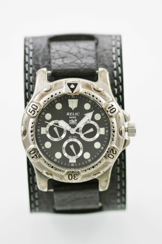 Relic Watch Mens Day Date 24hr Stainless Steel Silver Leather Black 50m ...