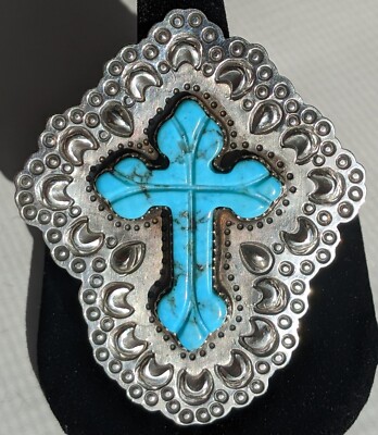George Begay Navajo Sterling Carved Turquoise Cross Statement Ring 30 ...