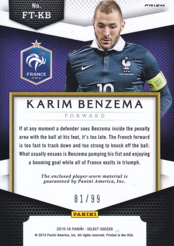 2015-16 Select First Team Swatches Blue #FTKB Karim Benzema /99 | eBay