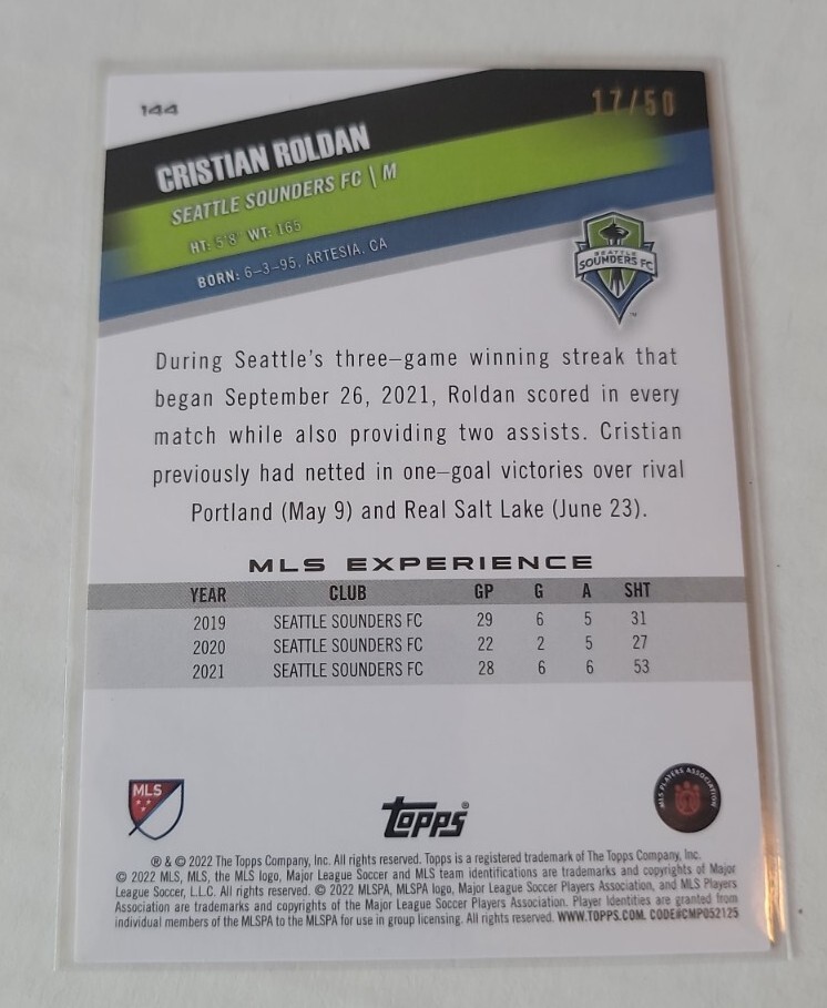 2022 Topps MLS Gold Parallel Cristian Roldan 144 #17/50 | eBay