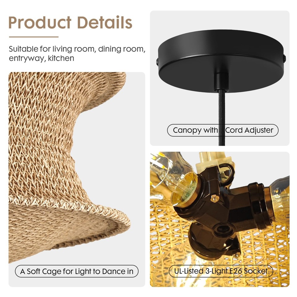 18" Boho Rattan Pendant Light Fixture, Large Woven Hanging Ceiling Lamp, Natu... | eBay