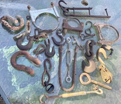 OUTSTANDING 25 Pc Lot Of Antique & Vintage Metal Hooks/Clevises/Clamps ...